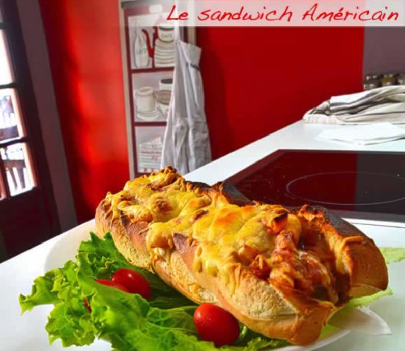 Sandwich Américain bouchon Réunion,pain bouchons gratiné
